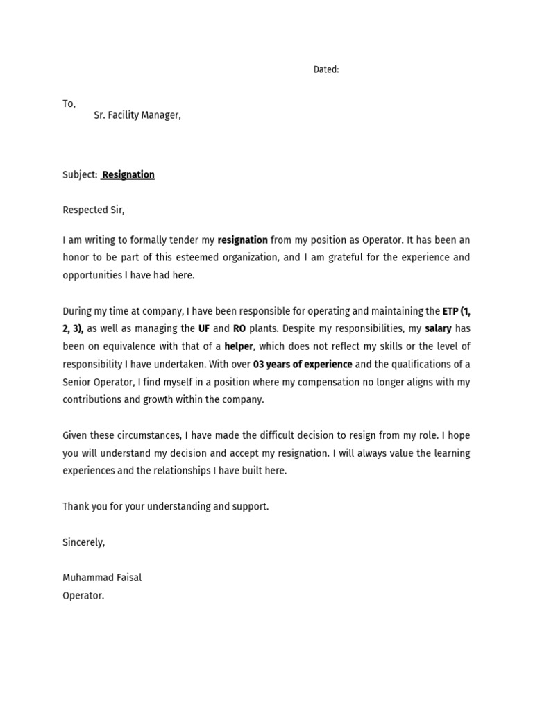 Operator Resignation Letter | PDF