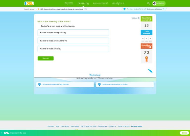 IXL Determine The Meanings of Similes and Metaphors 4th Grade Language ...