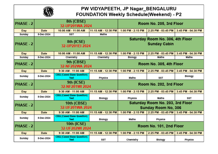 PW Vidyapeeth Weekend Schedule 2024 | PDF