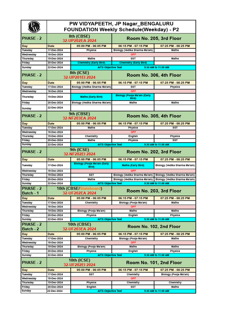 Foundation Time Table JP Nagar 17-12-2024 To 22-12-2024 | PDF