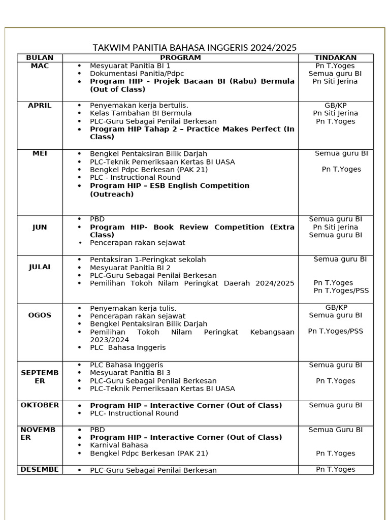 Takwim Panitia Bahasa Inggeris 2024-25 | PDF