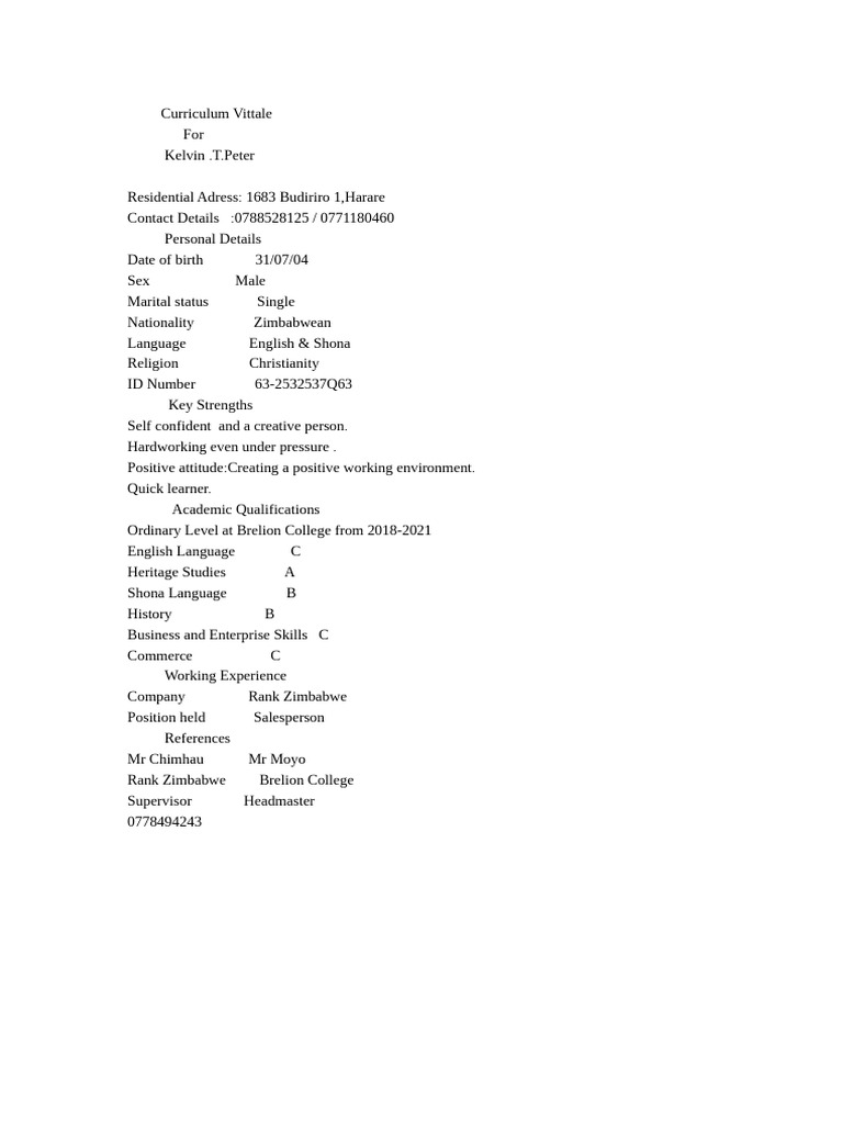 Curriculum Vittale for Kelvin Peter | PDF