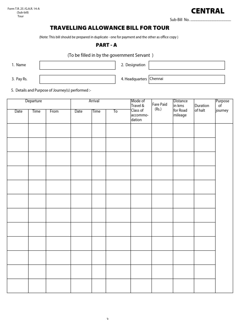Travelling Allowance Bill For Tour: Part - A | PDF | Public Transport ...