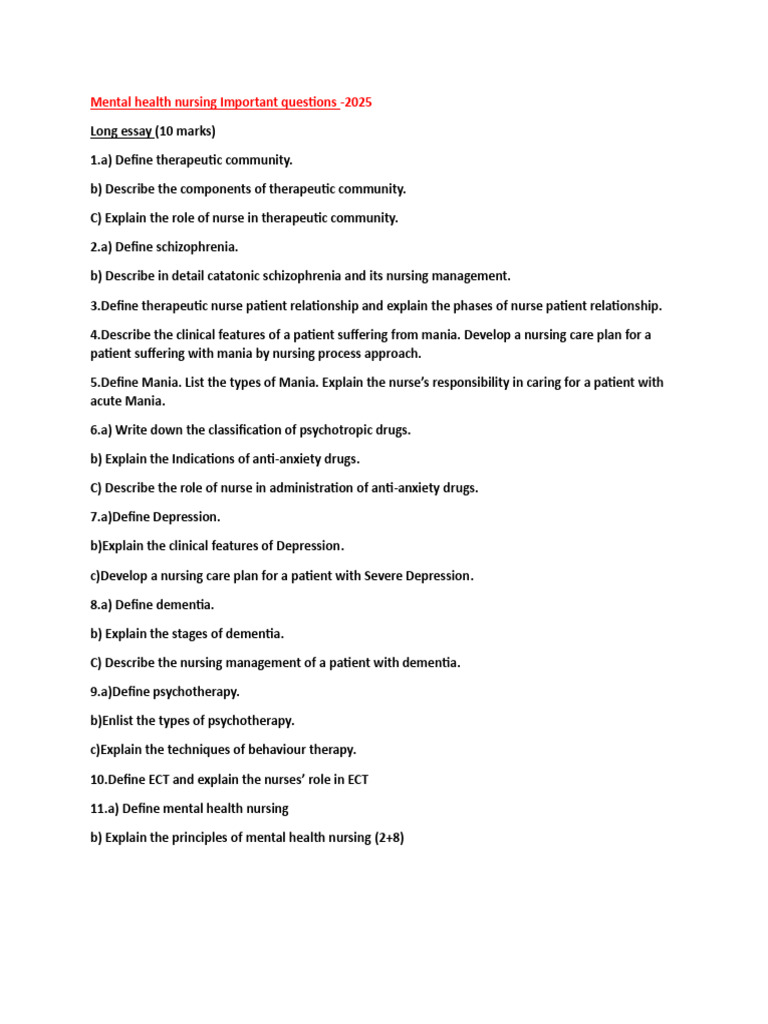 10 Marks Important Questions MHN | PDF