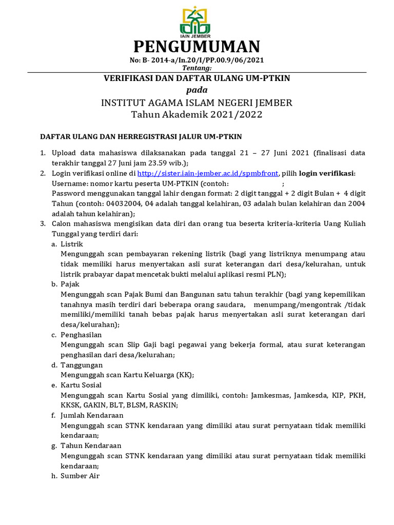 PENGUMUMAN_VERIFIKASI_ONLINE_DAN_DAFTAR_ULANG_UM-PTKIN_2021_2022 | PDF