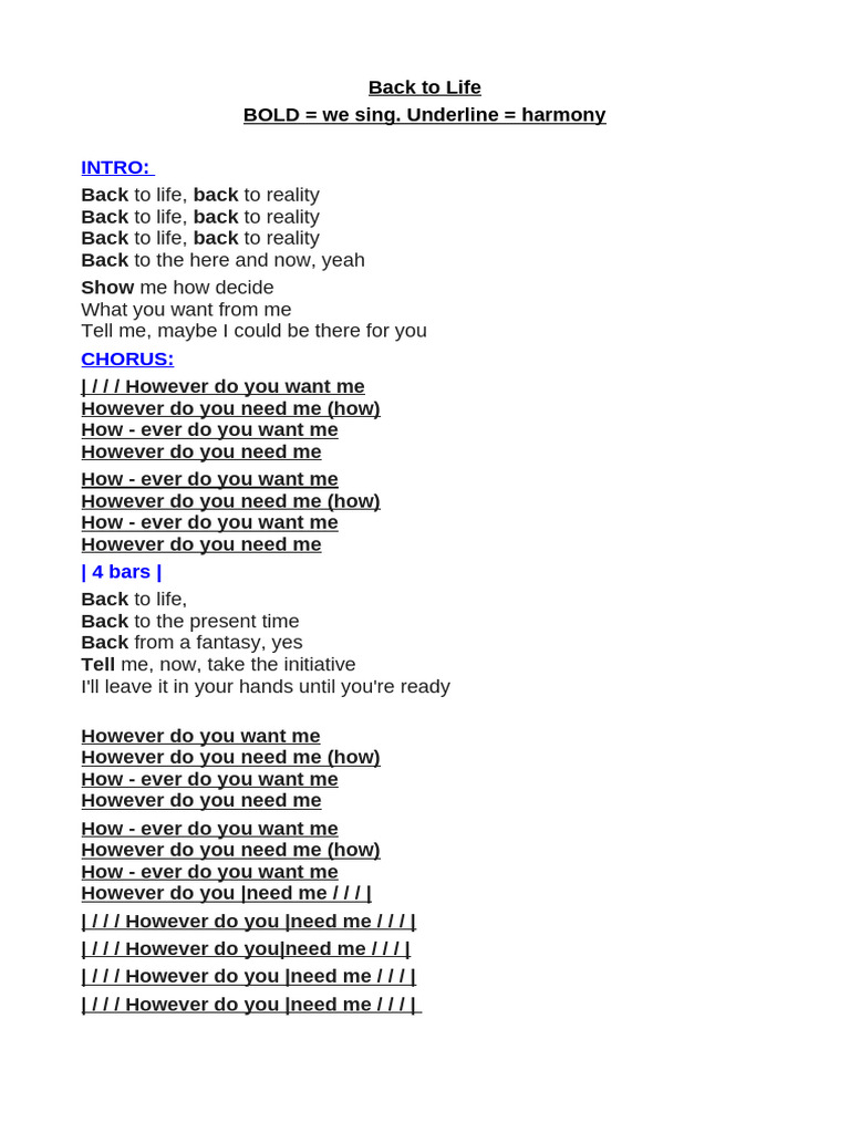 Back to Life Lyrics Analysis | PDF