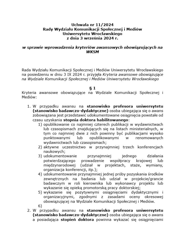 Uchwała 11 - 2024 Wprowadzenie Kryteriów Awansowych Obowiązujących Na ...