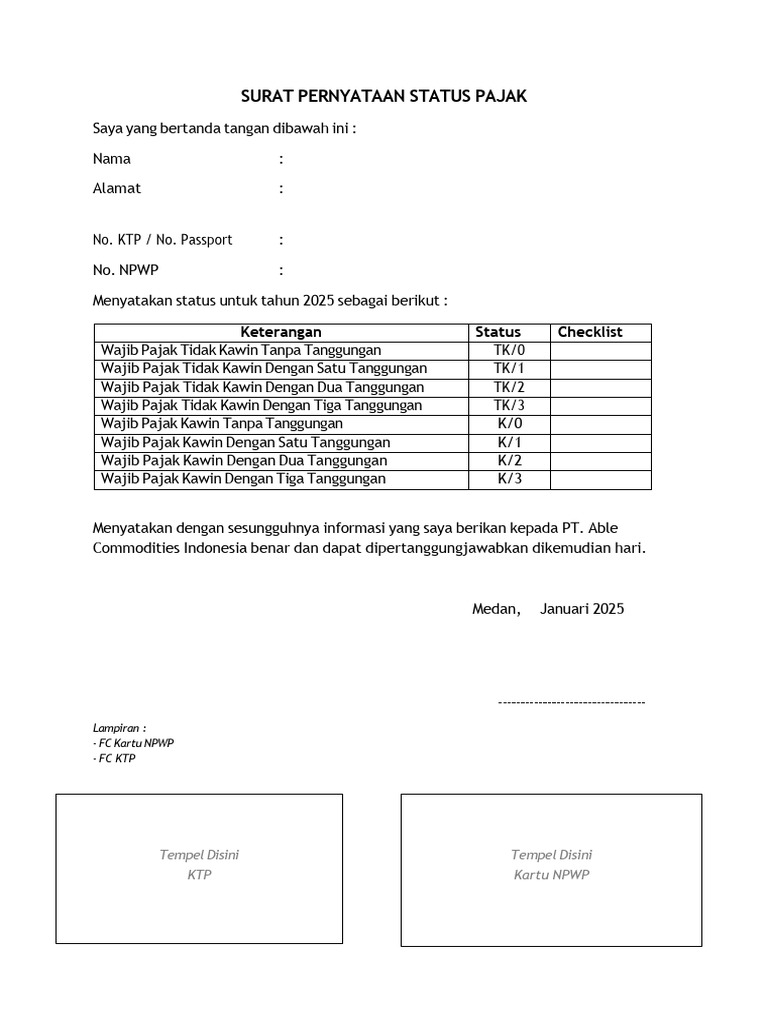 Form Surat Pernyataan Status Pajak ACI | PDF