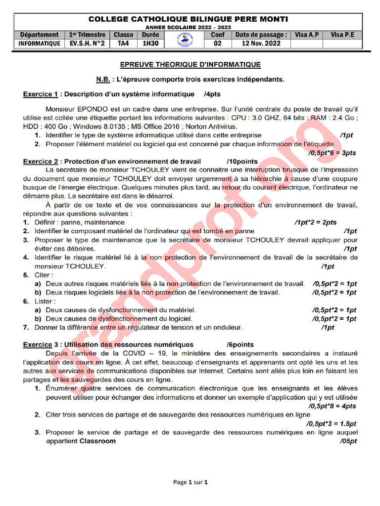 Informatique TleA Evaluation2 College Bilingue Pere Monti 2022 2023 | PDF