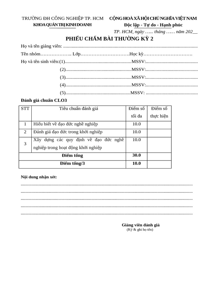 Phieu Cham Thuong Ky 2 | PDF
