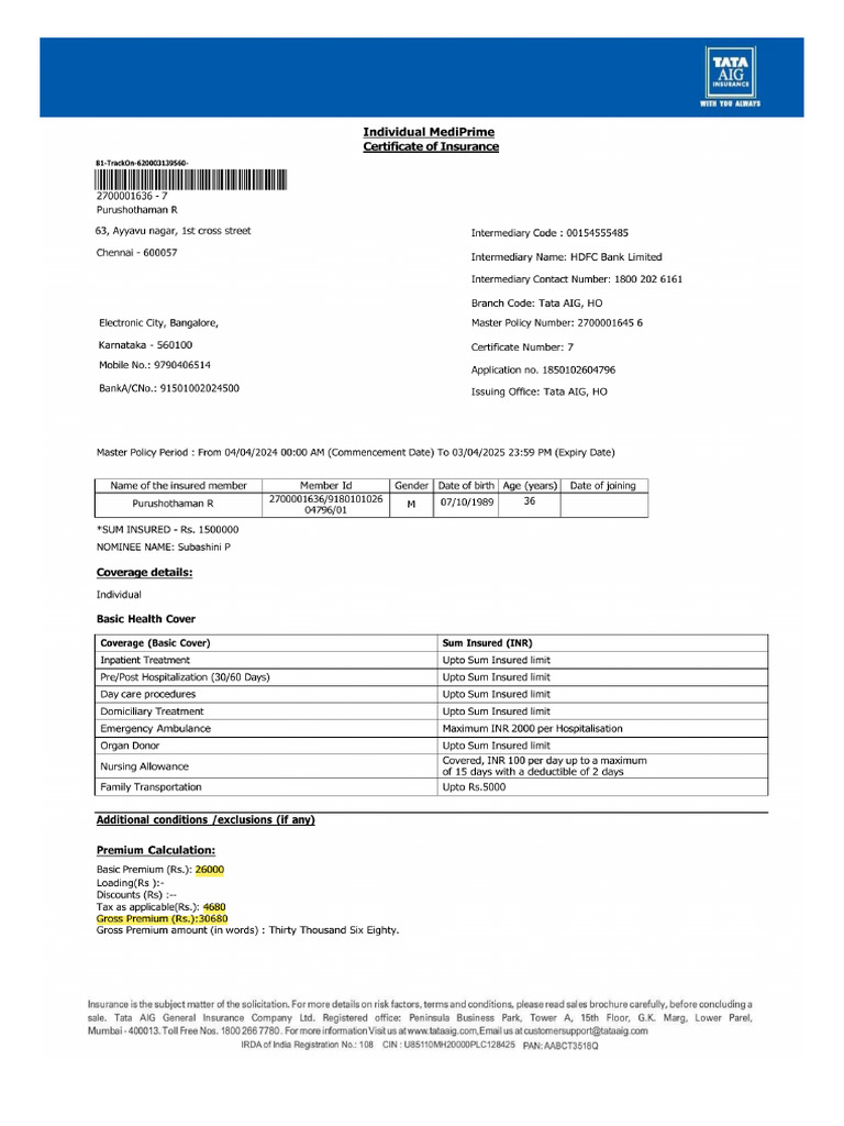 TATA AIG Insurance Paid Receipt | PDF