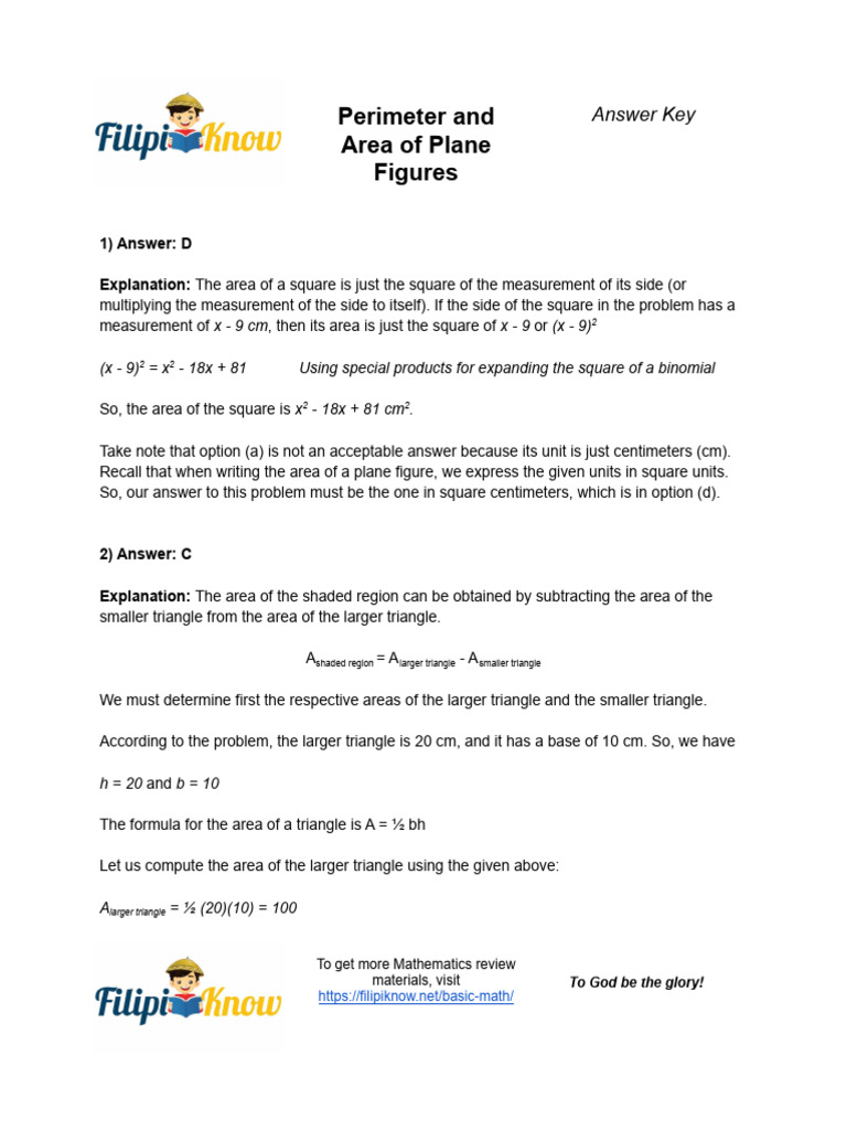 Perimeter and Area of Plane Figures Answer Key | PDF | Area | Geometry