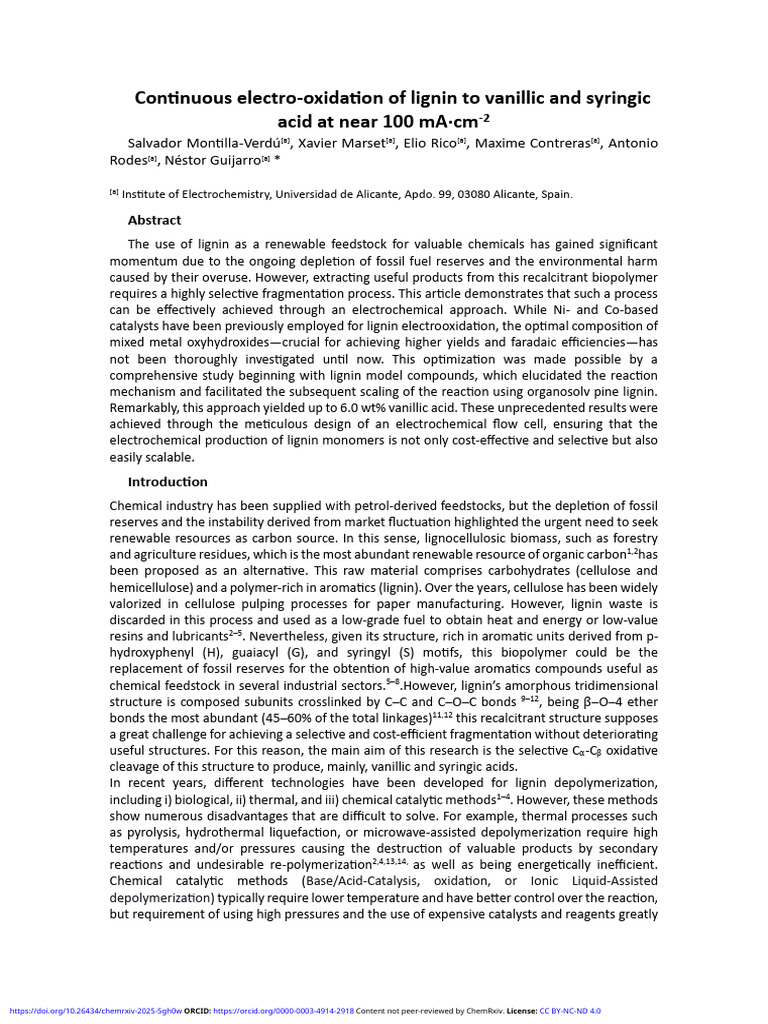 Continuous Electro Oxidation of Lignin To Vanillic and Syringic Acid at ...