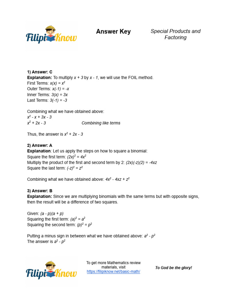 Special Products and Factoring Answer Key | PDF | Factorization | Mathematical Objects