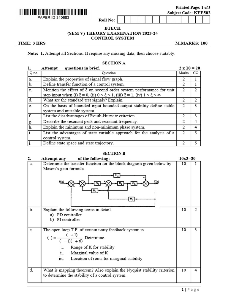 KEE502-CONTROL-SYSTEM | PDF | Applied Mathematics | Mathematical Relations