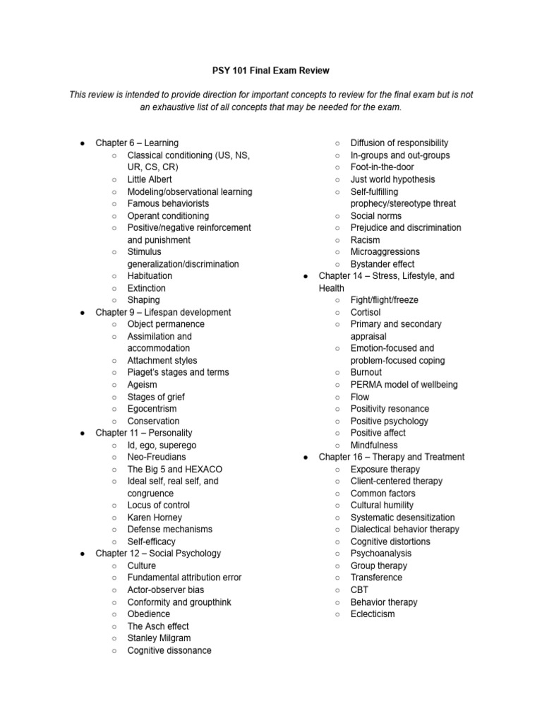 PSY 101 Exam Study Guide | PDF | Classical Conditioning | Psychotherapy