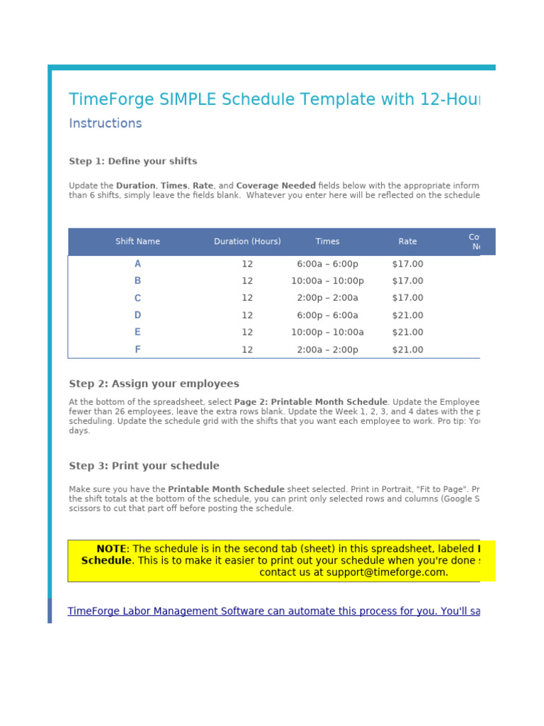 12 Hour Shift Schedule Template - TimeForge | PDF | Spreadsheet ...