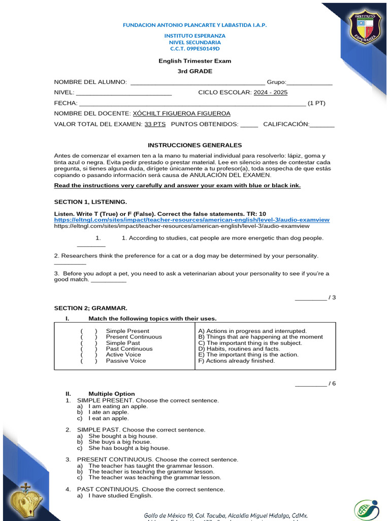 3rd Grade English Trimester Exam | PDF | Adolescence