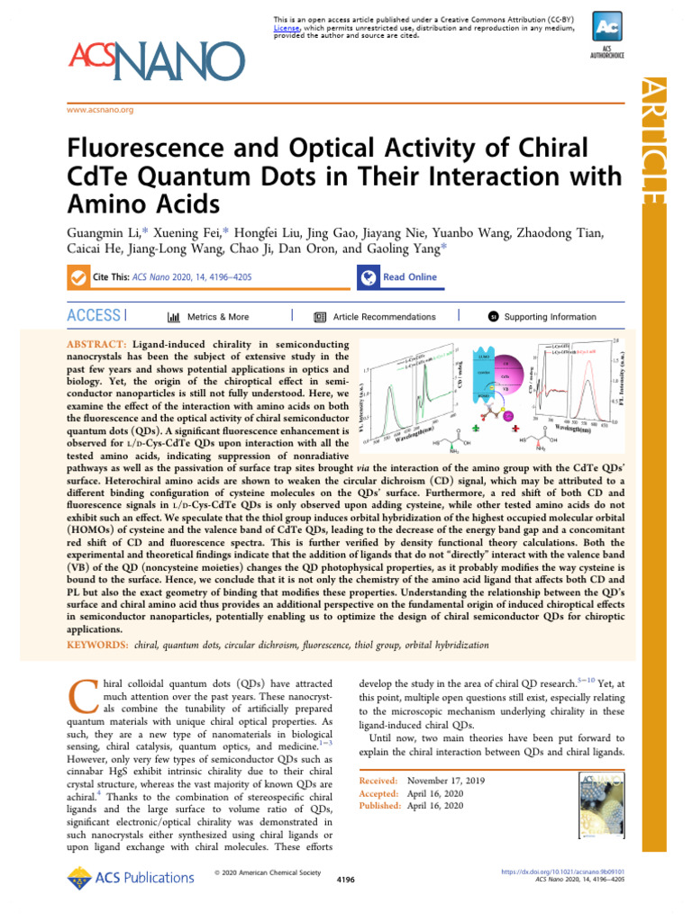 Li Et Al 2020 Fluorescence and Optical Activity of Chiral Cdte Quantum Dots in Their Interaction ...