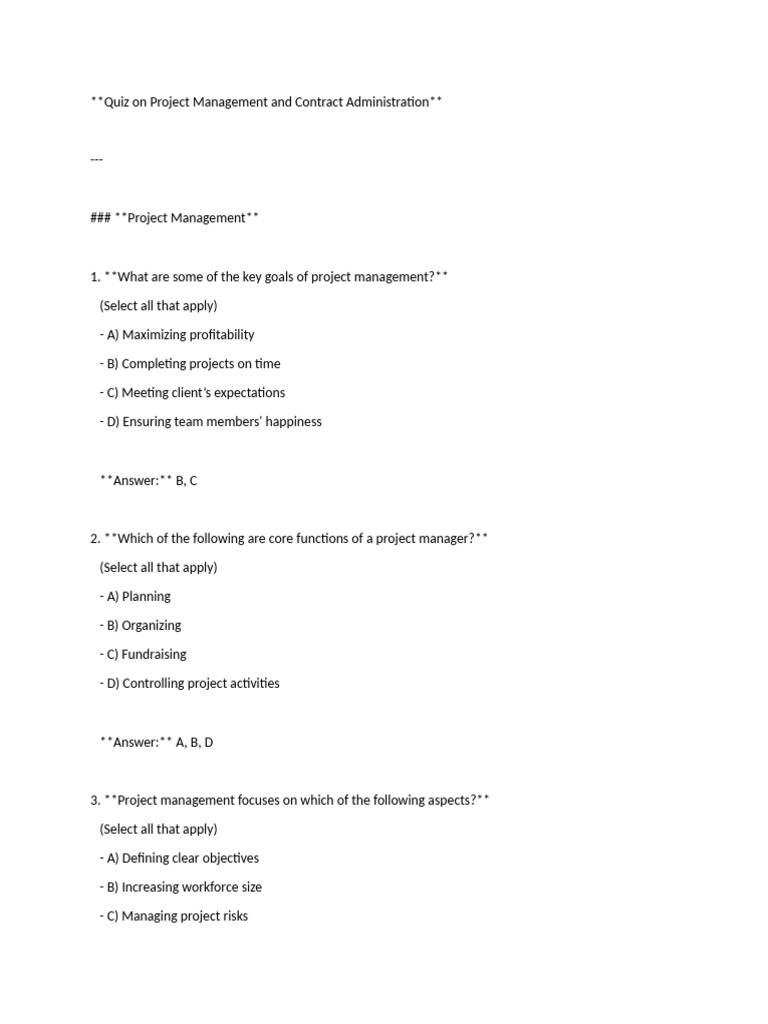 Quiz 2 (20 Questions) Day 2 Answer Key | PDF | Project Management | Business