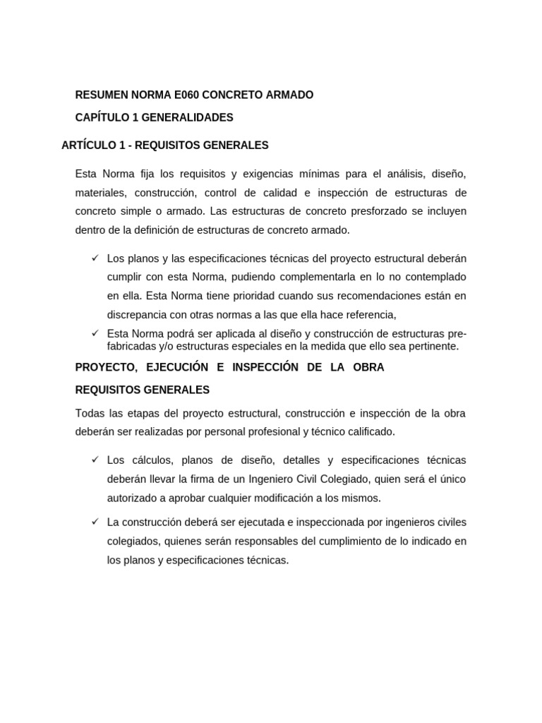 Resumen Norma E060 Concreto Armado Capítulo 1 Generalidades | PDF | Hormigón | Viga (Estructura)