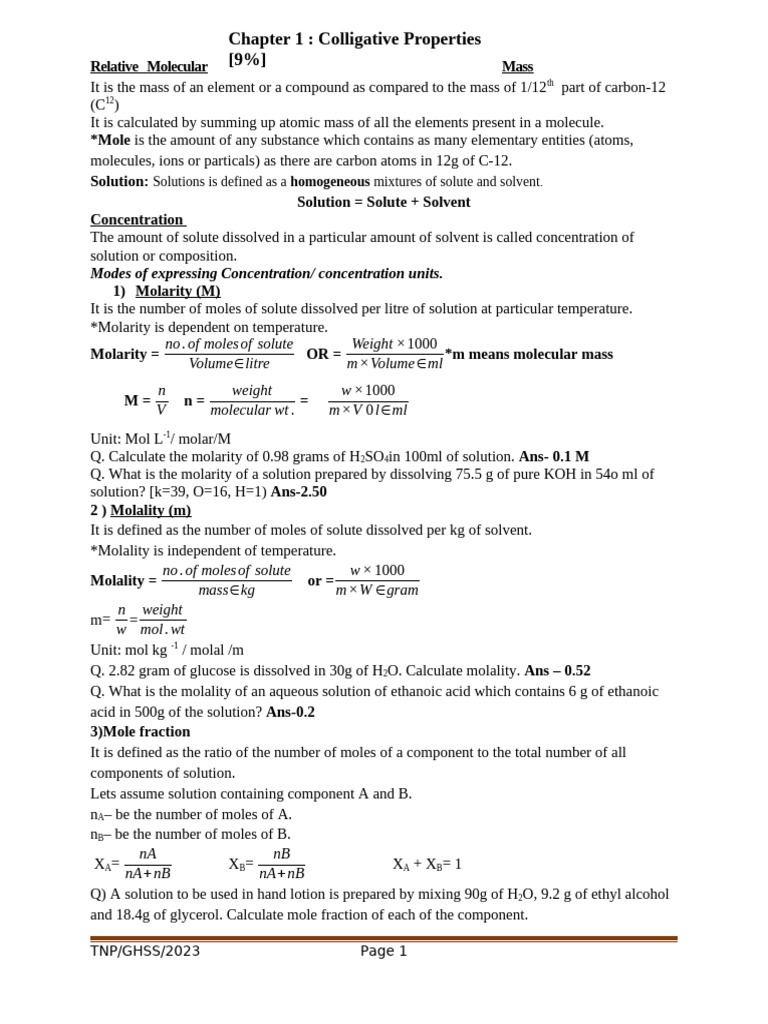 Chapter 1. Colligative Property. | PDF | Mole (Unit) | Concentration