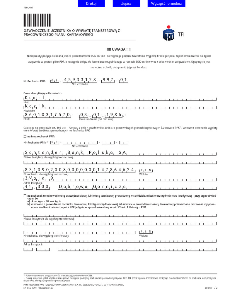 Wniosek Uczestnika o Wypłatę Transferową Z PPK | PDF