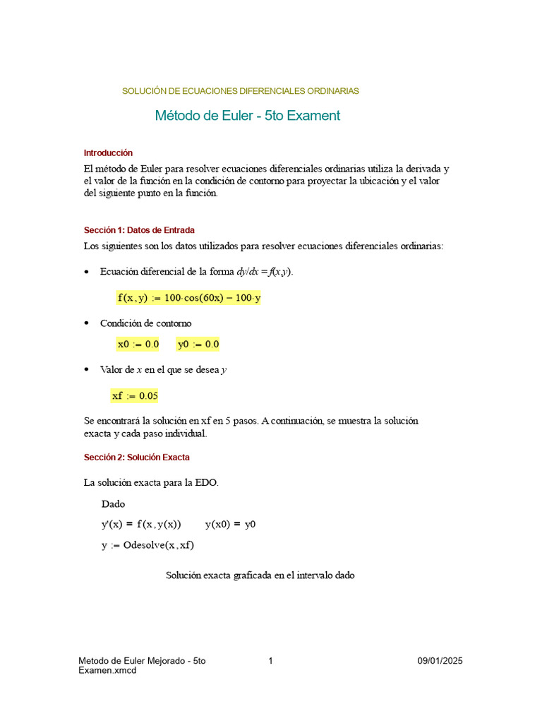 Metodo de Euler Mejorado - 5to Examen Solucion | PDF | Ecuaciones ...
