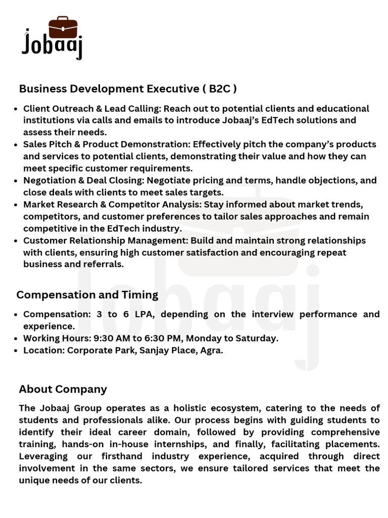 JD for Placement (1) | PDF | Sales | Recruitment