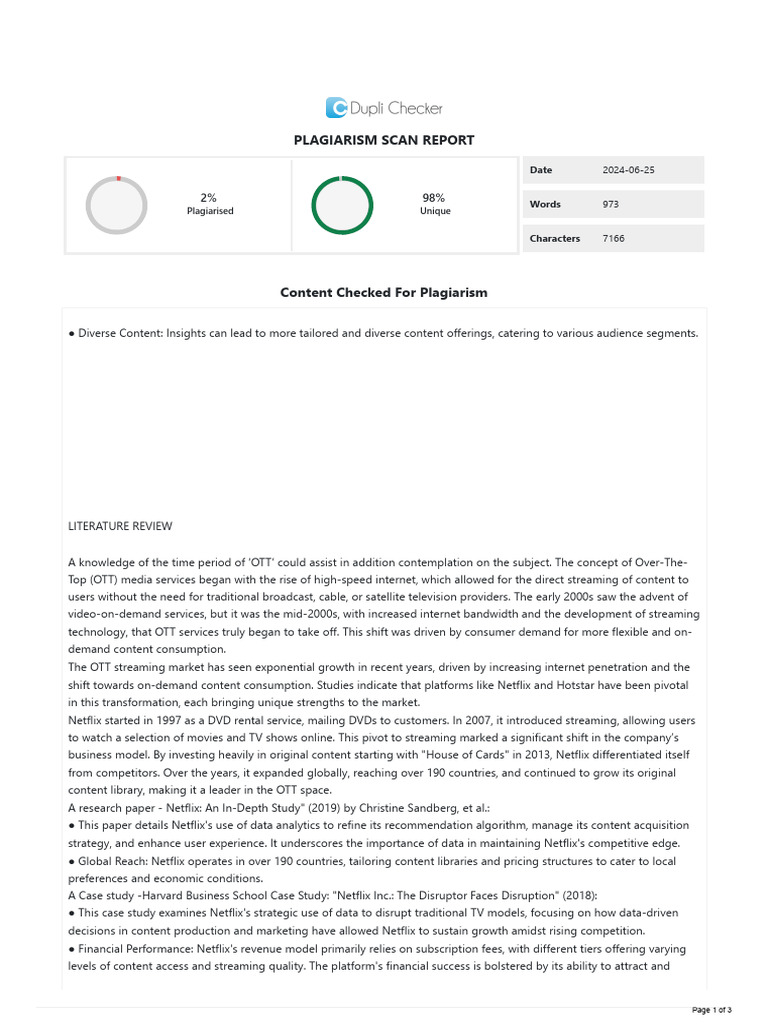 Plagiarism Scan Report Overview | PDF | Netflix | Subscription Business ...