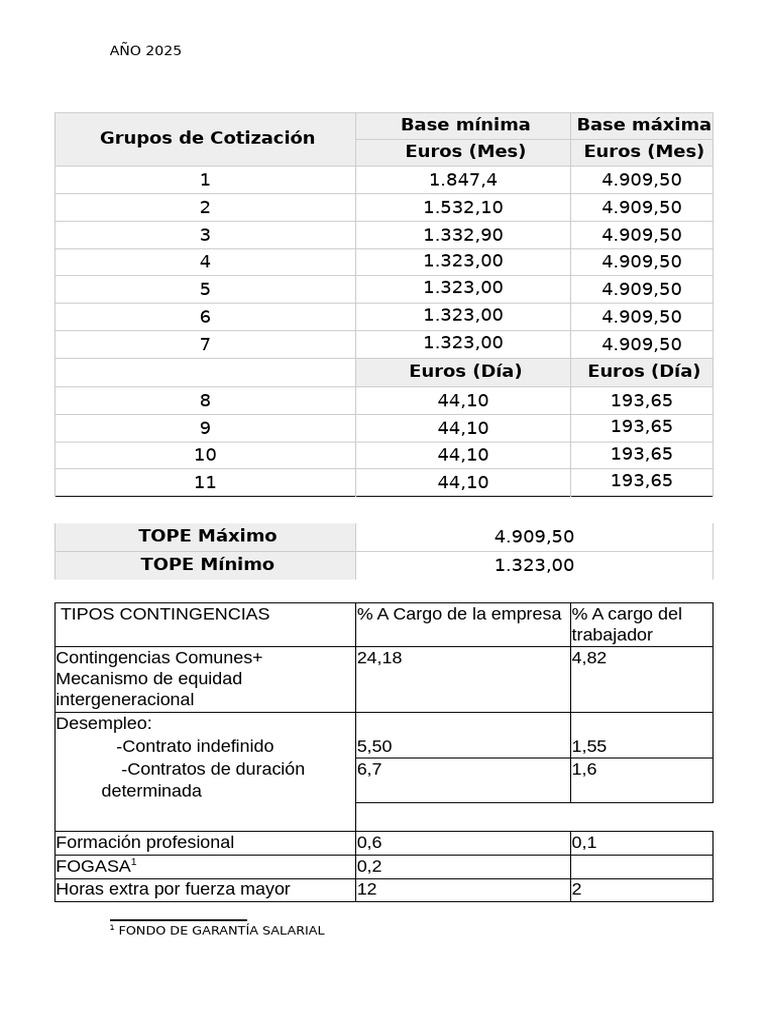 BASES Y Grupos de Cotización 2025 | PDF