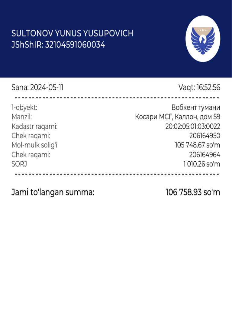 Sultonov Yunus Yusupovich Jshshir: 32104591060034: Sana: 2024-05-11 ...