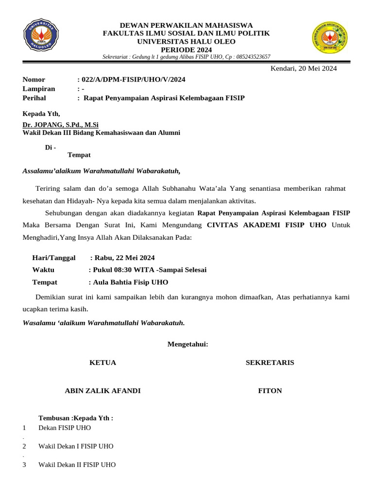 Rapat Aspirasi Kelembagaan FISIP UHO | PDF