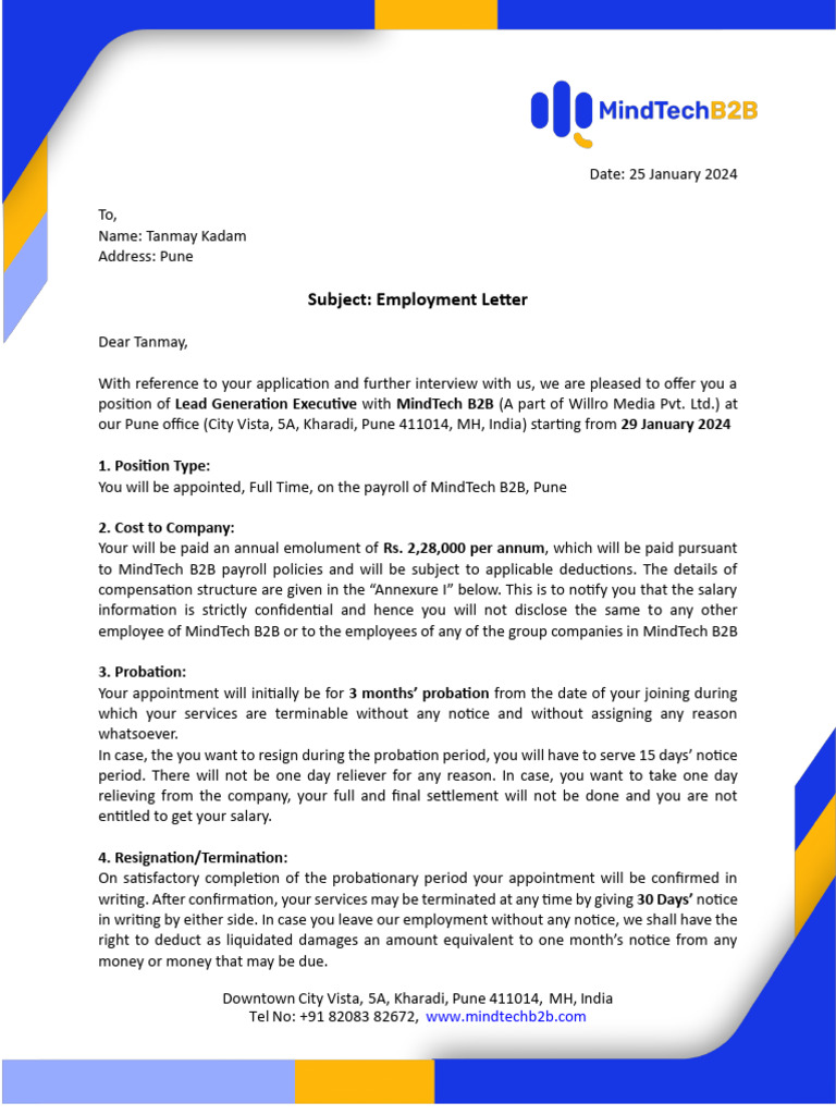 Offer Letter - Tanmay Kadam | PDF | Payroll | Business