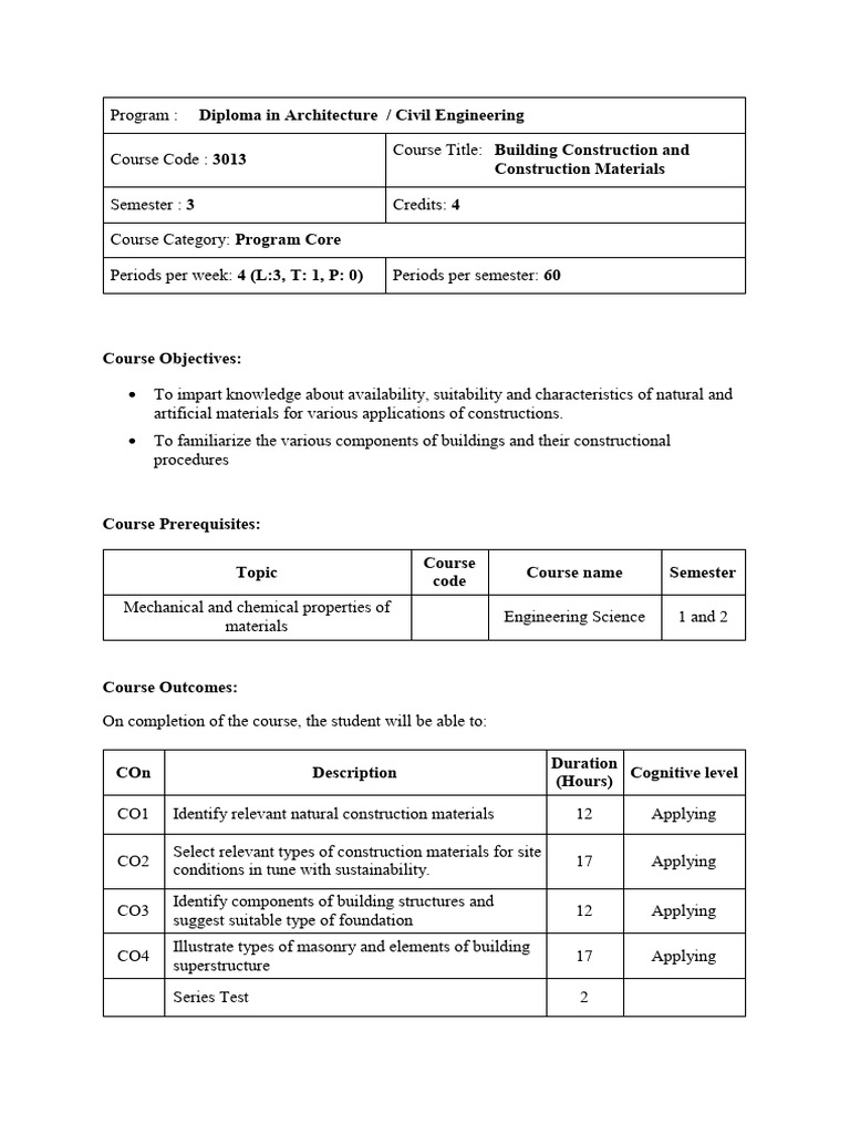 Building Construction Materials Course | PDF | Masonry | Brick