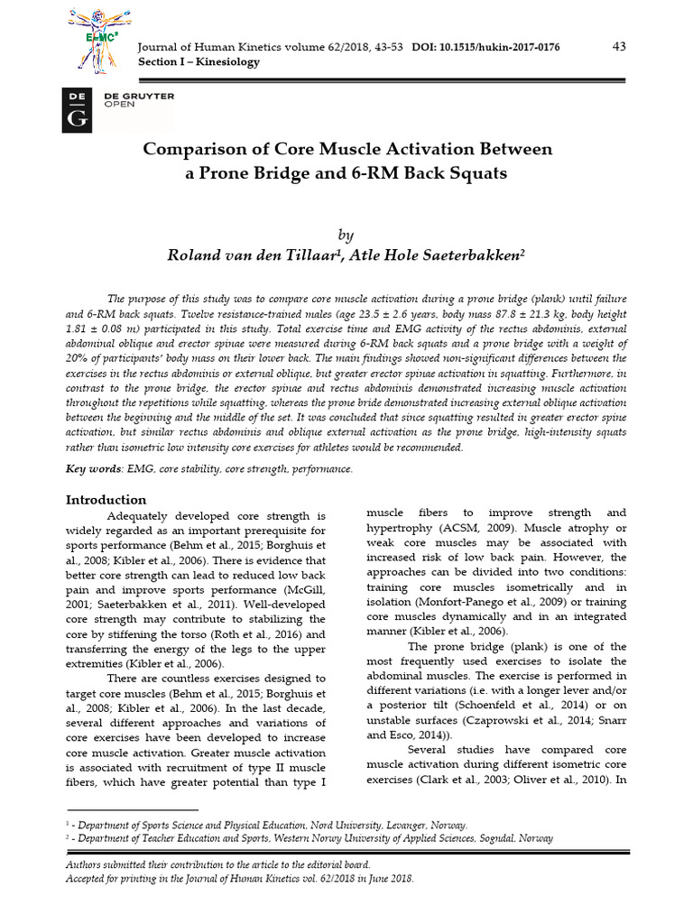 Comparison of Core Muscle Activation Between A Prone Bridge and 6-RM ...