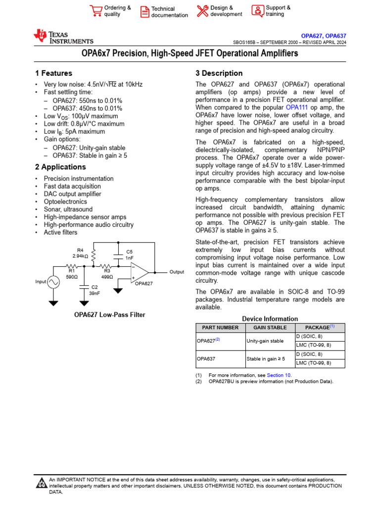 Opa 637 | PDF | Operational Amplifier | Amplifier