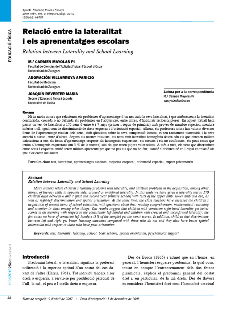 Relació Entre La Lateralitat I Els Aprenentatges Escolars: Relation Between Laterality and ...