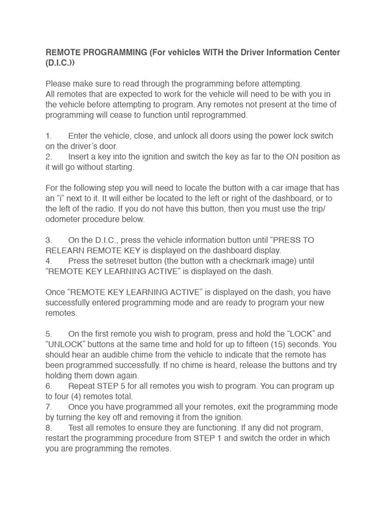 REMOTE PROGRAMMING (For Vehicles WITH The Driver Information Center (D ...