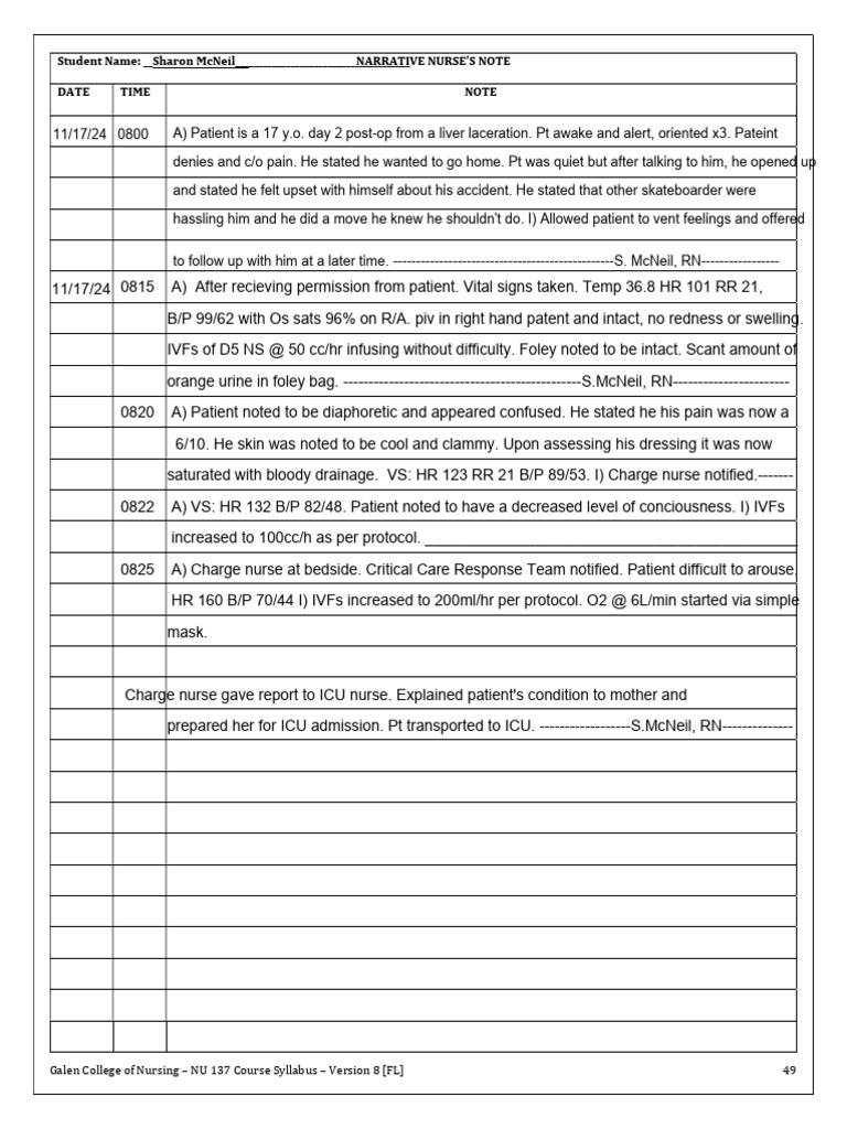 Dr. NcNeil's Plan of Care Example (Nurse's Narrative Note) | PDF ...