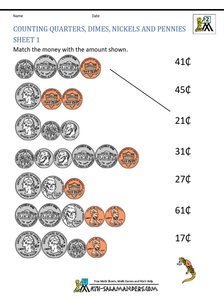 Counting Quarters Dimes Nickels and Pennies 1 | PDF