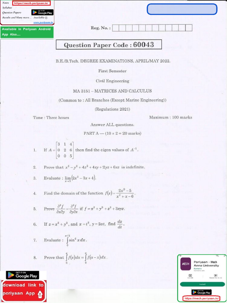 MA3151 Matrices and Calculus Reg 2021 April May 2022 | PDF | Integral | Function (Mathematics)