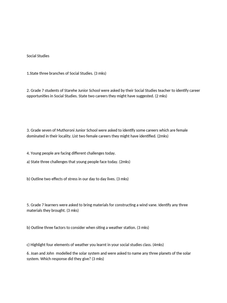 Grade 7 Social Studies Exam Questions | PDF