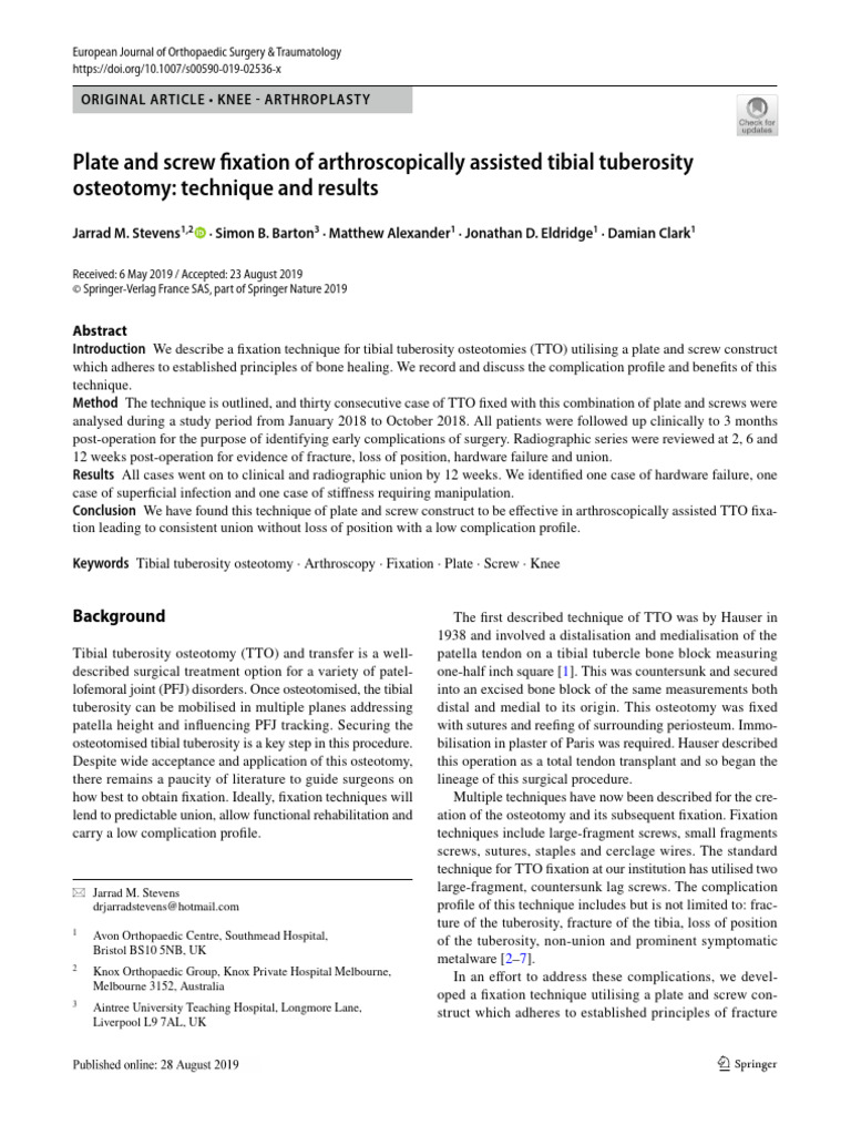 Plate and Screw Fxation of Arthroscopically Assisted Tibial Tuberosity ...
