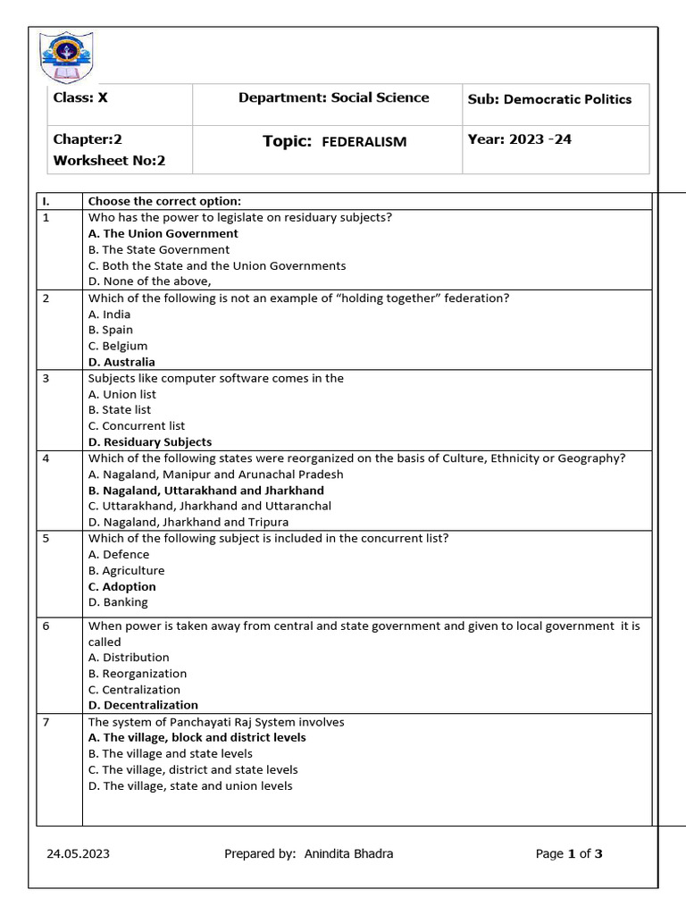 Federalism Worksheet for Class X | PDF | Government | Governance