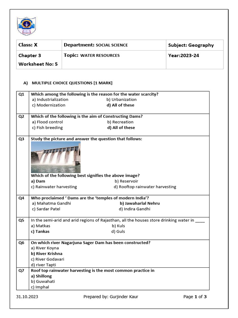 6649460-WS No5. Class.X Water Resources (Geo) Gurjinder Kaur. 2023-24 ...
