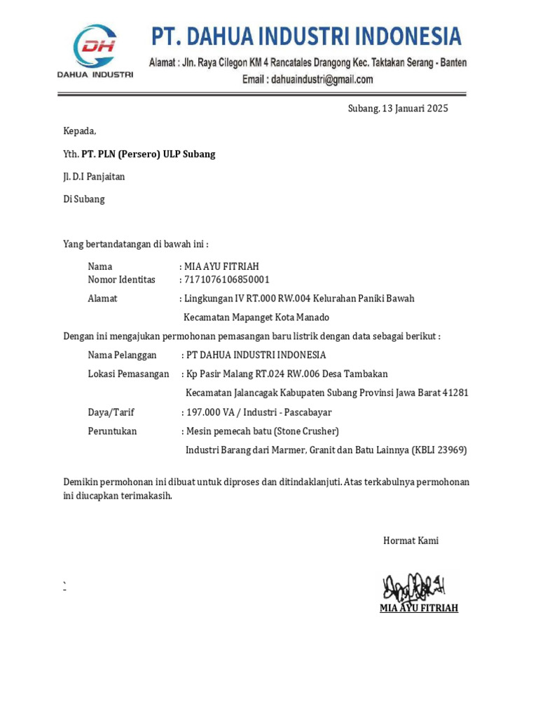 FORMAT SURAT PERMOHONAN PASANG BARU LISTRIK PLN PT DAHUA INDUSTRI INDONESIA | PDF
