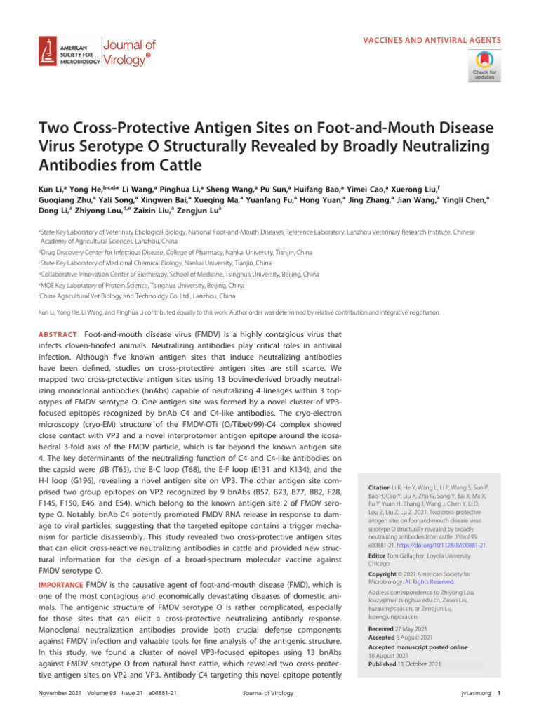 Li Et Al 2021 Two Cross Protective Antigen Sites On Foot and Mouth ...