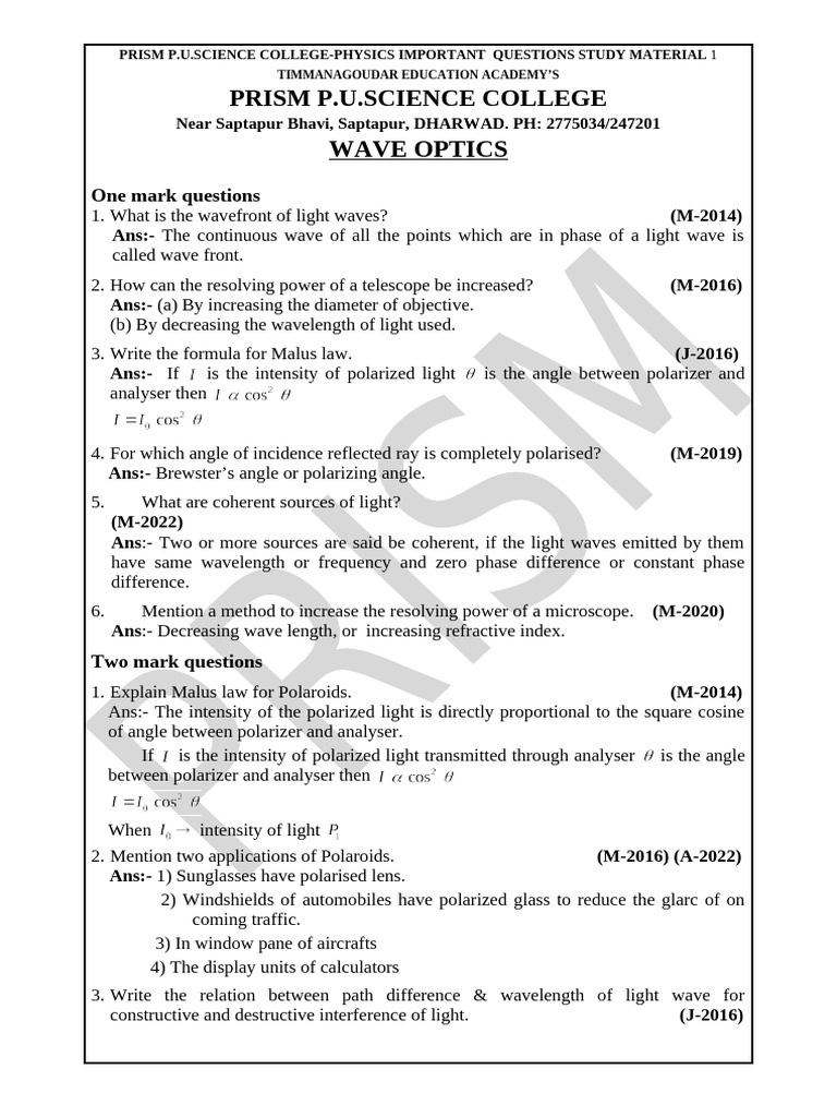 9 - Wave Optics | PDF | Diffraction | Polarization (Waves)