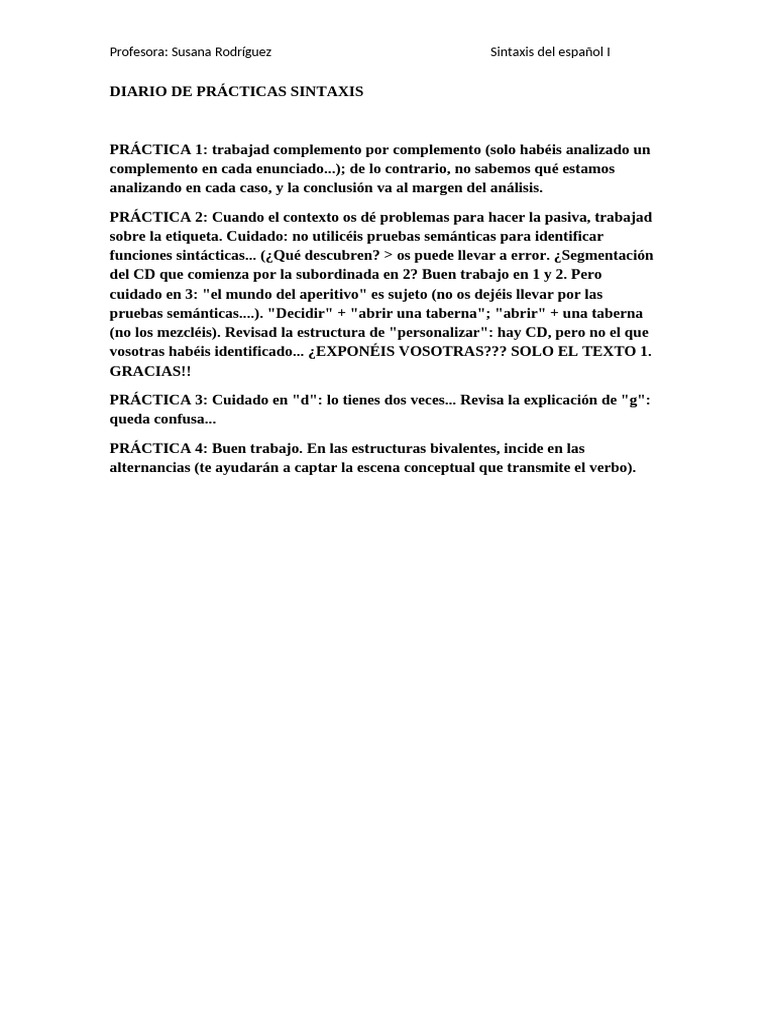 DIARIO DE PRÁCTICAS SINTAXIS | PDF | Objeto (gramática) | Asunto (gramática)